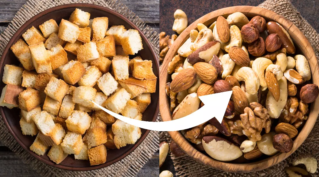 Bowl-Full-nke-Croutons-Bowl-Full-nke-agwakọta-Akụkọ-Almọnd-Cashew-ahụekere