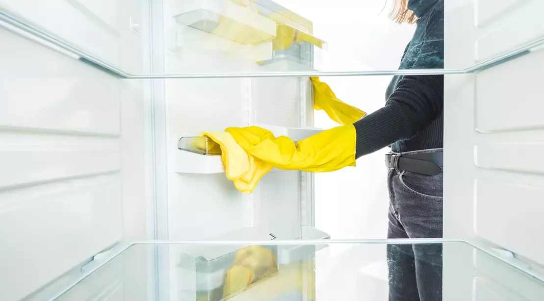 Frou-wearing-rubber-handschoenen-skjinmeitsjen-koelkast